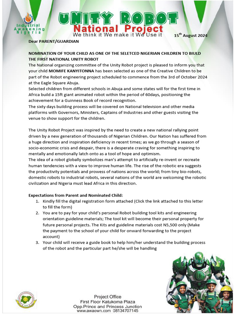 Unity Robot Project Invitation | PDF | Nigeria | Robot