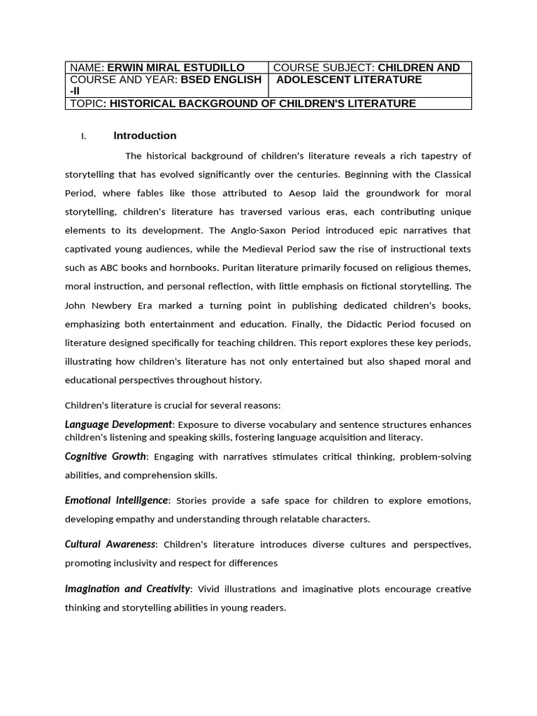 Historical Overview of Children's Literature | PDF | Fable | Storytelling