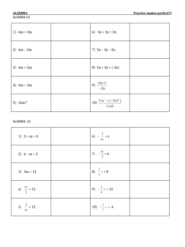 Algebra Practice Exercises and Solutions | PDF