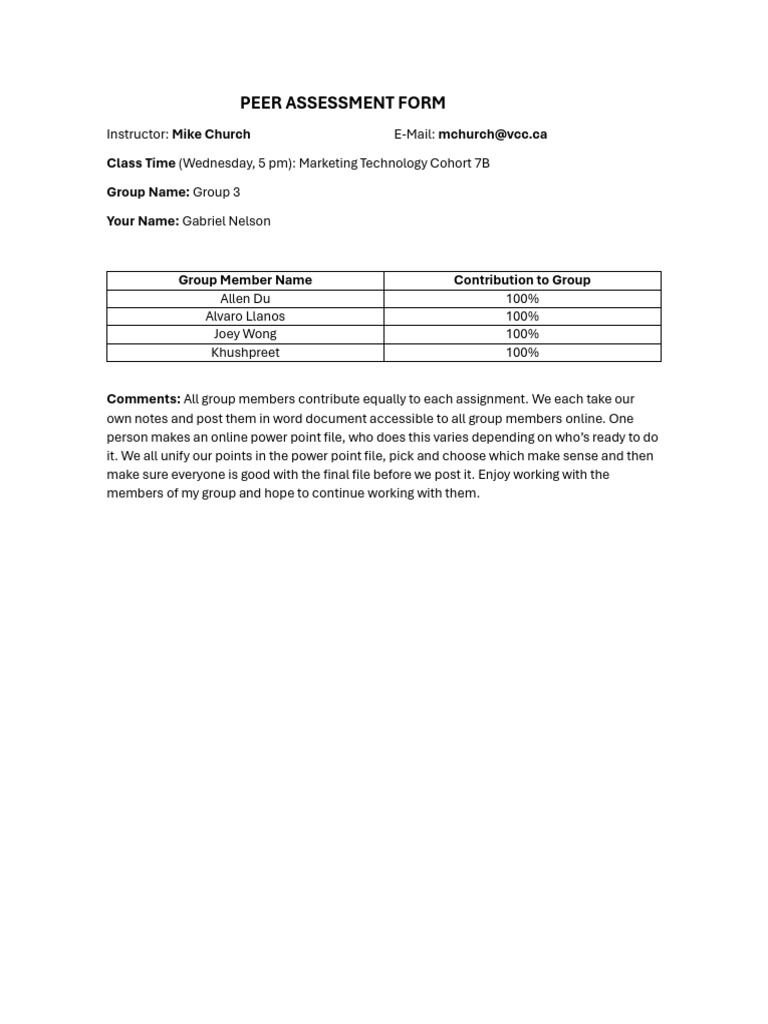 Peer Assessment Form for Group 3 | PDF