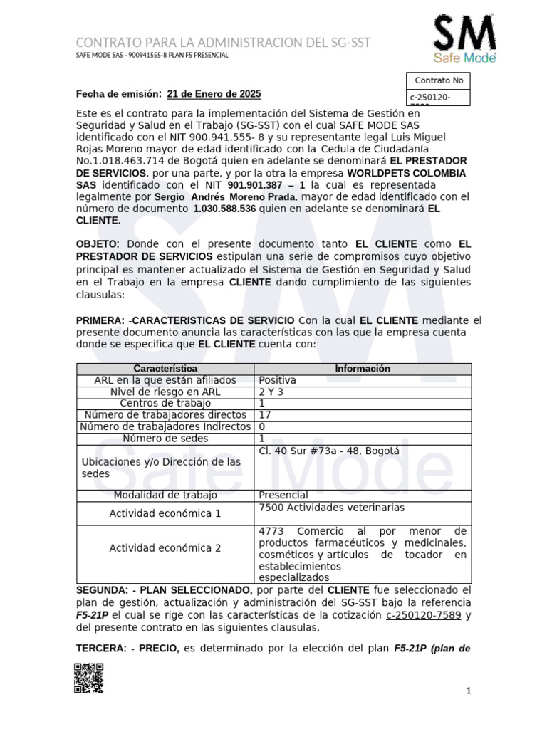 Contrato SG-SST SAFE MODE SAS | PDF | Salario mínimo | Aplicación movil