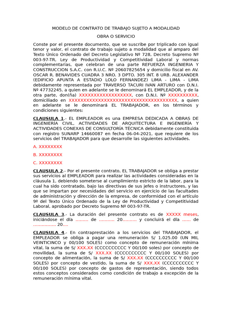 Modelo Contrato de Trabajo Sujeto A Modalidad | PDF | Salario