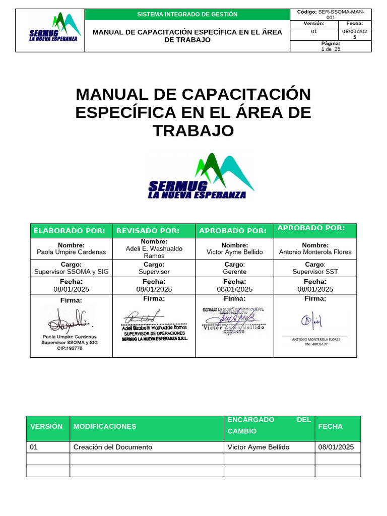 Manual de Capacitacion Especifica en El Area de Trabajo | PDF | Riesgo | La seguridad
