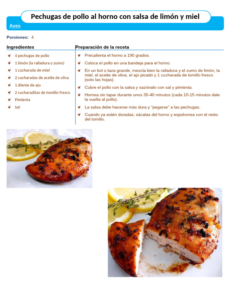Pechugas de Pollo Al Horno Con Salsa de Limón y Miel | PDF
