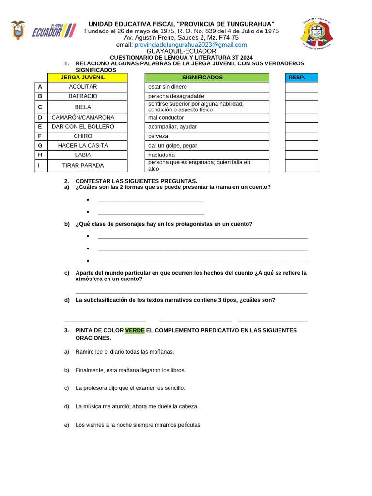Cuestionario de Lengua y Literatura 10ab Egb 3T 2024 | PDF