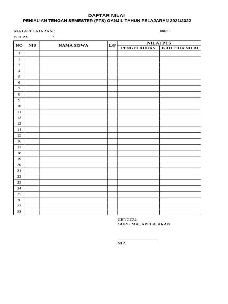 Laporan Nilai PTS Siswa | PDF