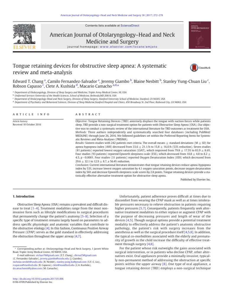 Tongue Retaining Devices for Obstructive Sleep Apnea- A Systematic ...
