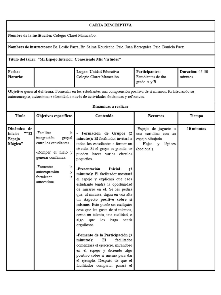 CARTA DESCRIPTIVA - Taller Autoestima | PDF | Autoestima