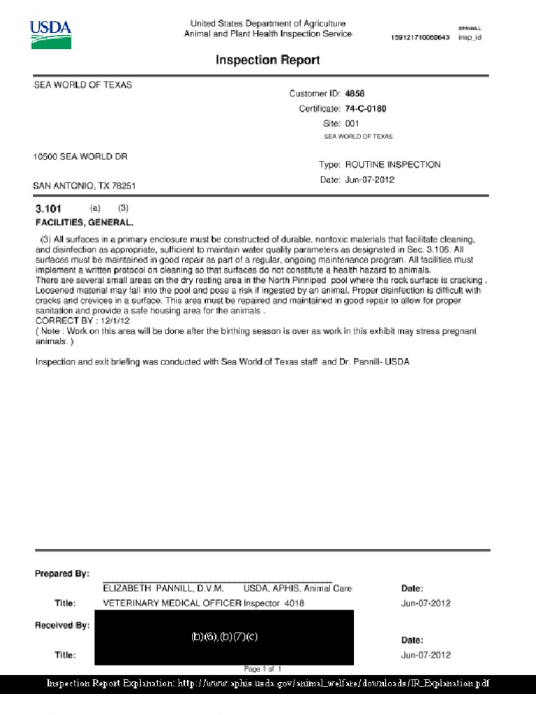 USDA-APHIS Inspection Reports: SeaWorld of Texas