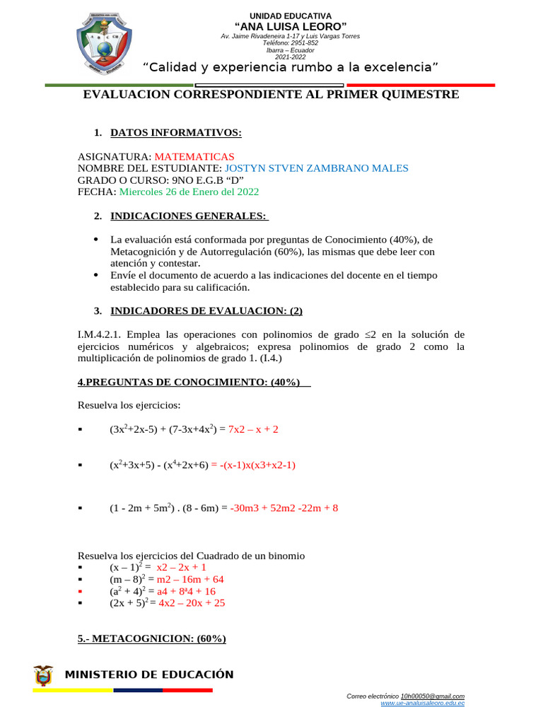 Instrumento_de_ Evaluación_9no_C_D_Matemática_Amaya_Paulina | PDF ...