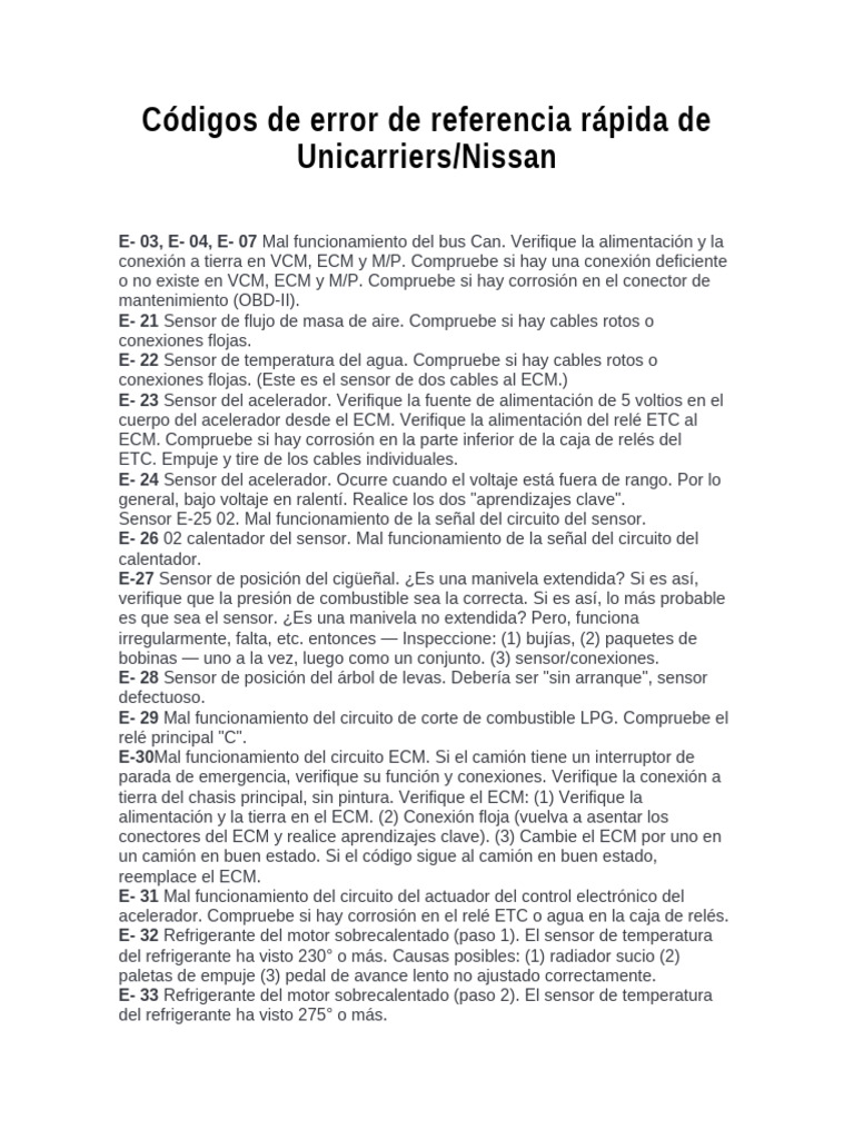 Códigos de error Unicarriers/Nissan | PDF | Relé | Ingenieria Eléctrica