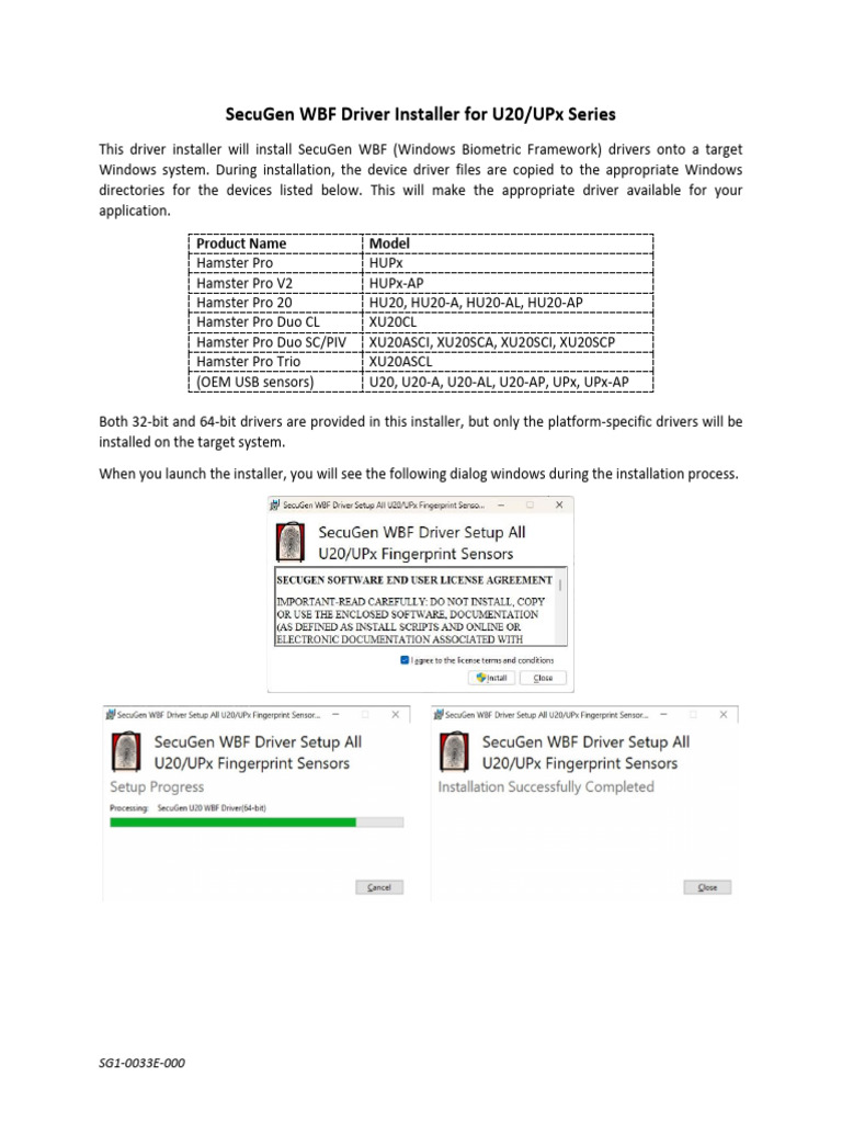 SecuGen WBF Driver Installer For U20 - UPx Series (SG1-0033E-000) | PDF
