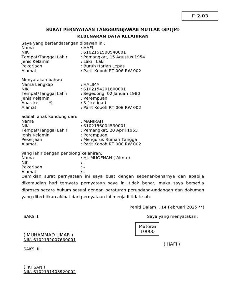 F-2.03 - SPTJM Kebenaran Data Kelahiran | PDF