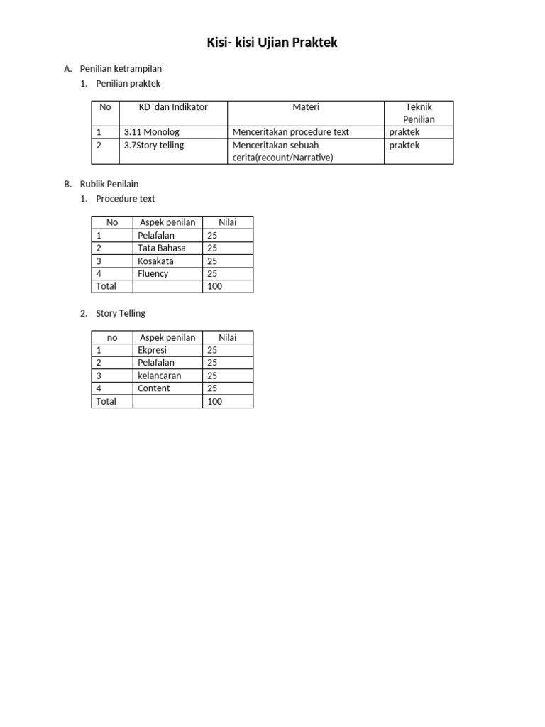 Kisi Kisi Ujian Praktek Bahasa Inggris 9 | PDF
