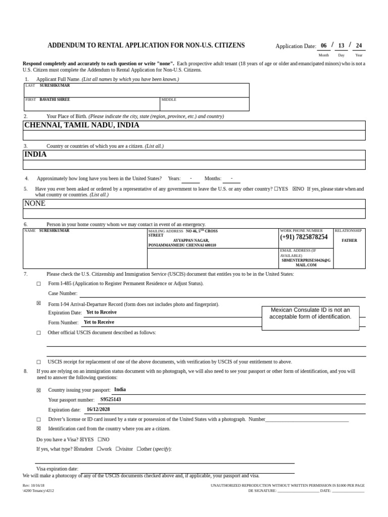 4212 - Addendum To Rental Application For Non-U. S. Citizen (Harish ...