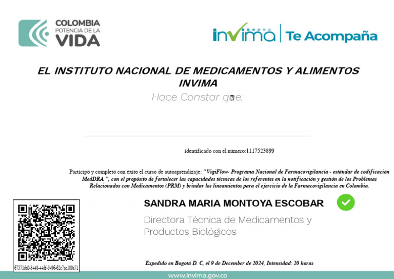 Certificado Farmacovigilancia Invima Yefferson Bedoya | PDF