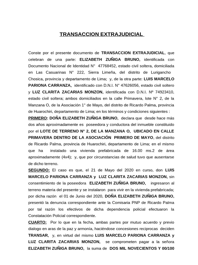 Transacion Extrajudicial Por Invasion | PDF