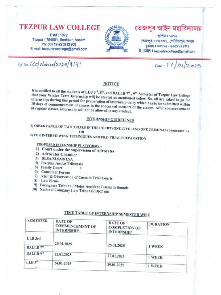 Internship LLB 3rd & 5th Sem and BALLB 7th & 9th Sem | PDF