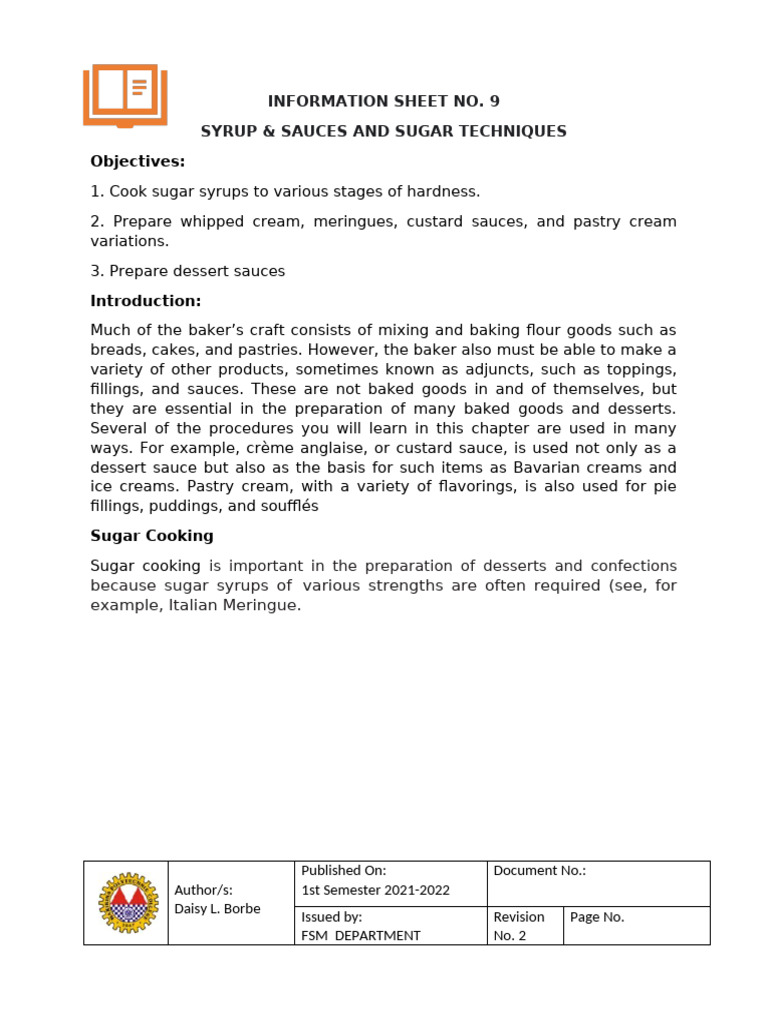 Information Sheet No. 9 Sugar | PDF | Custard | Meringue