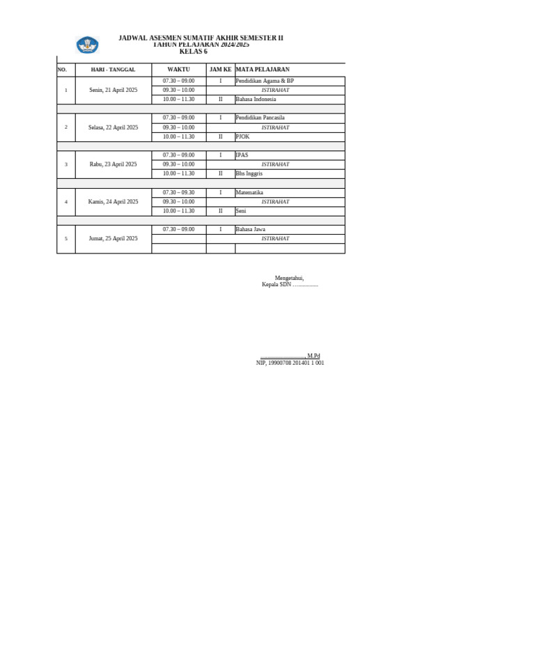 JADWAL ASAS II KELAS 6 TA 202425 | PDF