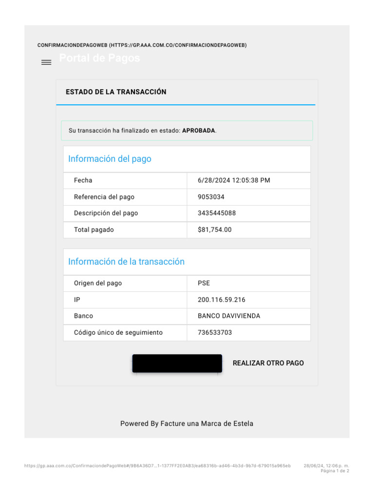 Confirmación Pago Aprobado Davivienda | PDF