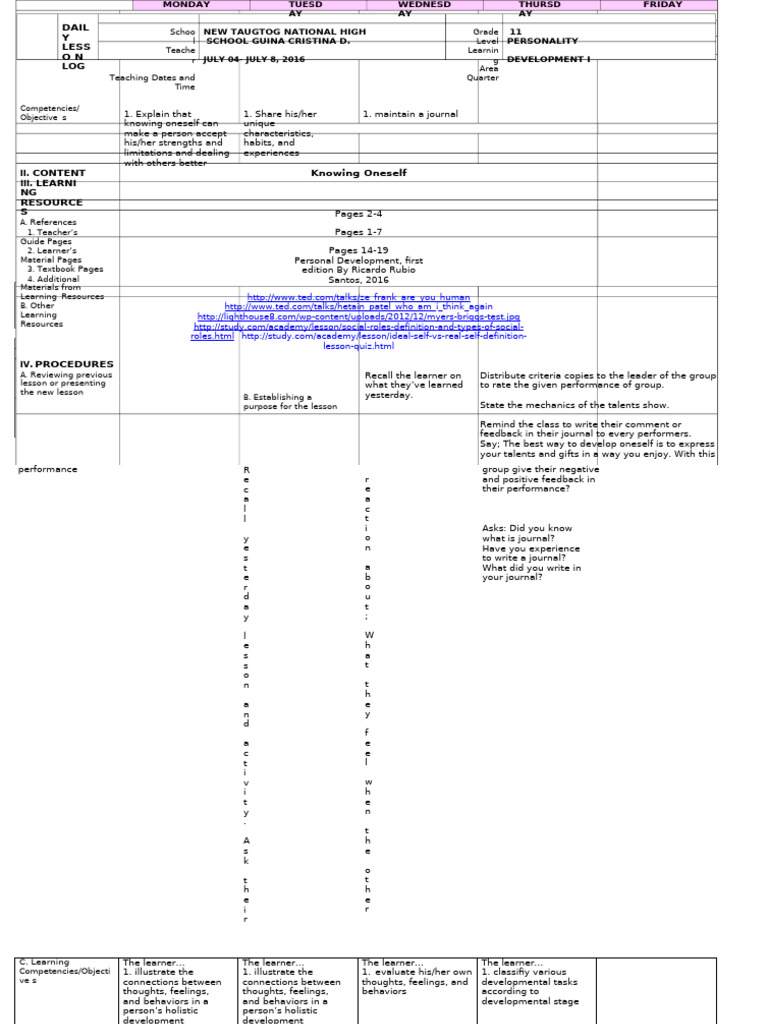 Personal Development DLL | PDF | Learning | Adolescence