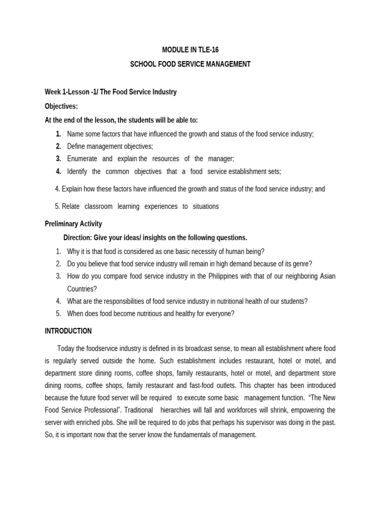 Food Service Management Overview | PDF | Restaurants | Foodservice