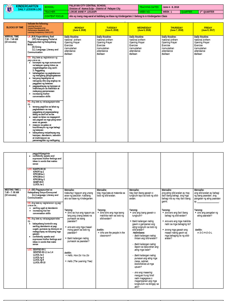 KINDERGARTEN-DLL Sample Week 1 (June 4-8, 2018) Asf | PDF