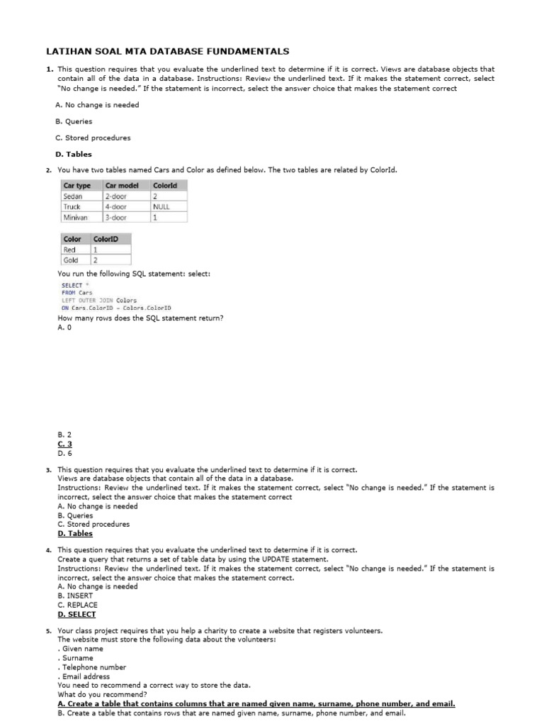 423740021-LATIHAN-SOAL-MTA-DATABASE-FUNDAMENTALS-baru-pdf (1) - Copy | PDF | Databases | Table ...