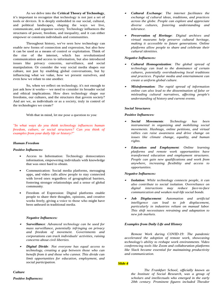 Notes Ritical Theory of Technology | PDF | Critical Theory | Theory