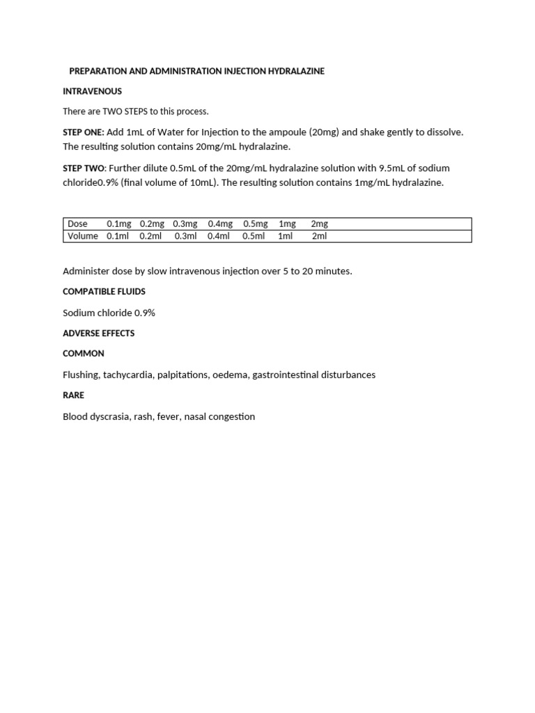 Hydralazine Injection Protocol | PDF