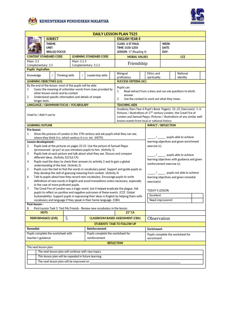 BI Y6 LP TS25 (Unit 2 - Life in The Past - LP 17-32) | PDF | Lesson Plan | Teachers