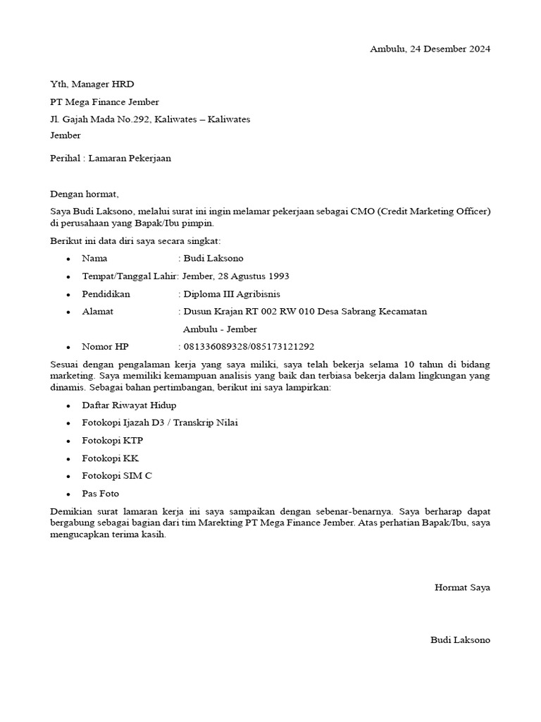 Lamaran CMO PT Mega Finance Jember | PDF