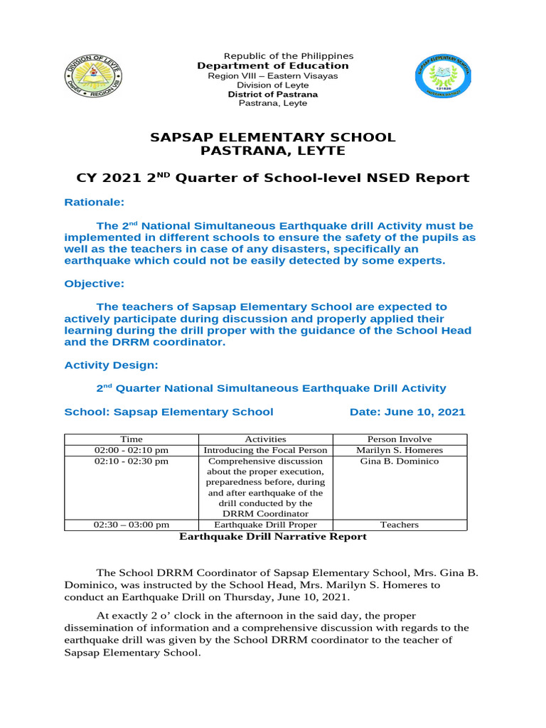 Sapsap Elementary Earthquake Drill Report | PDF | Emergency Management