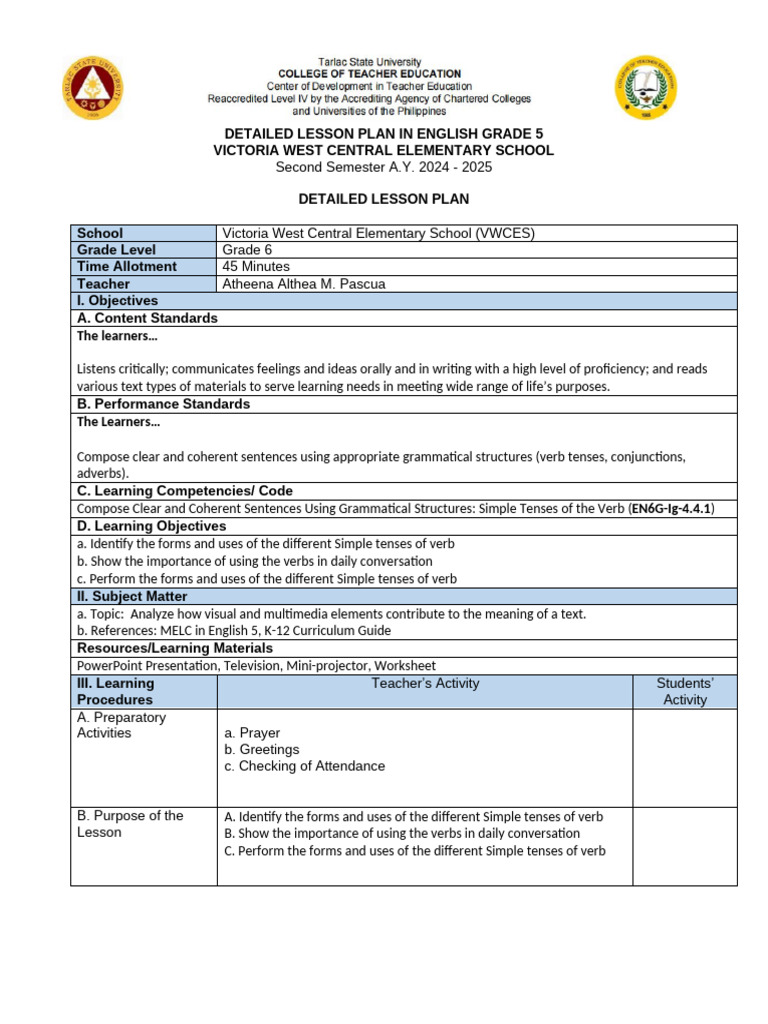 Simple Tenses Lesson Plan for Grade 6 | PDF | Verb | Grammatical Tense