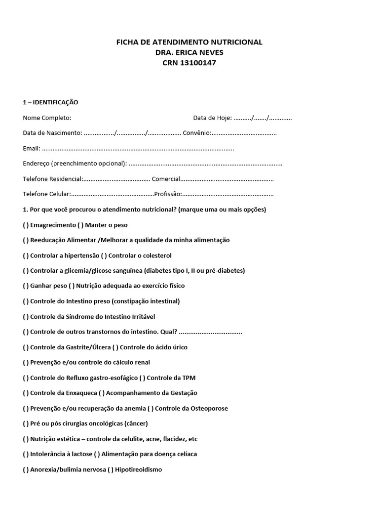 Ficha De Atendimento Nutricional Dra Erica Pdf Diabetes Lacticínios