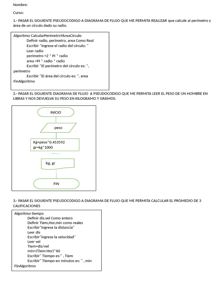 Ejercicios de Pseudocódigo y Diagramas | PDF