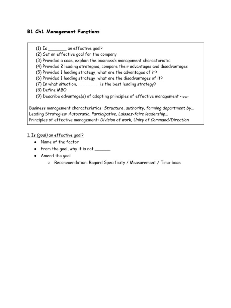 B1 Ch1 Management Functions | PDF | Goal | Leadership