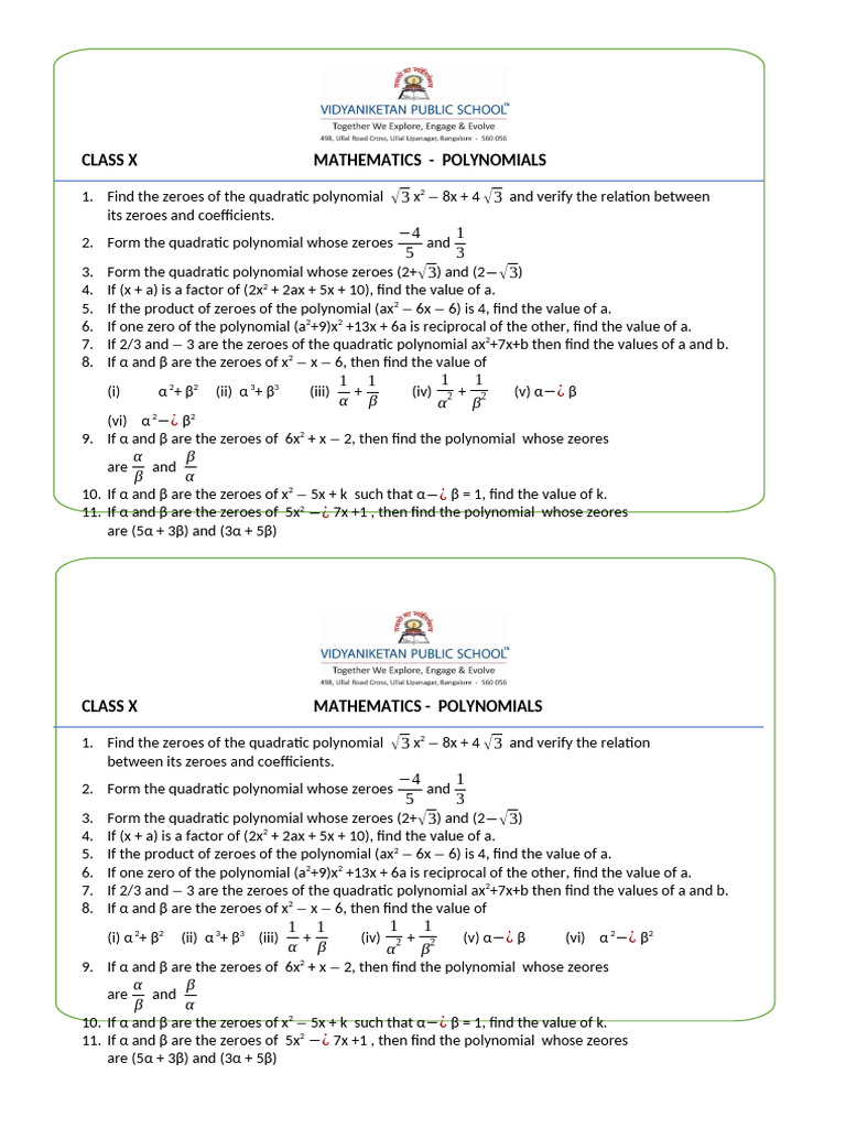 polynomials extra questions | PDF | Zero Of A Function | Polynomial