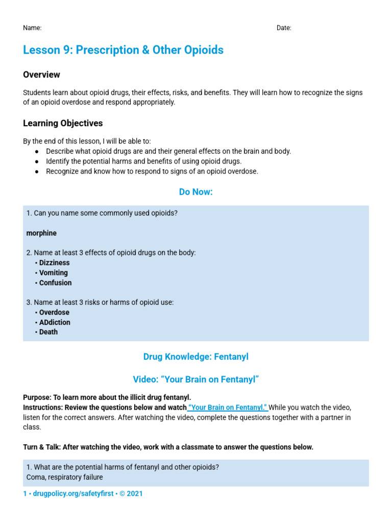 Hyperdoc Lesson 9 - Prescription & Other Opioids - 2021 - Final - Worksheet | PDF | Fentanyl ...