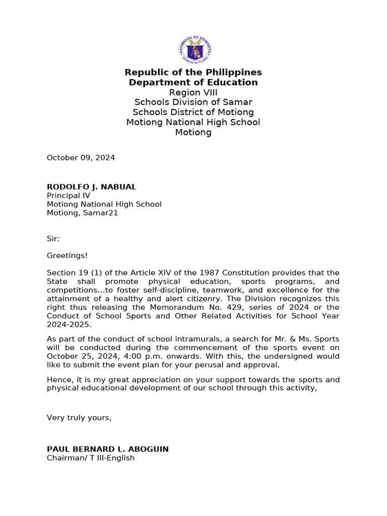 Permission To Conduct MR Ms Intrams | PDF