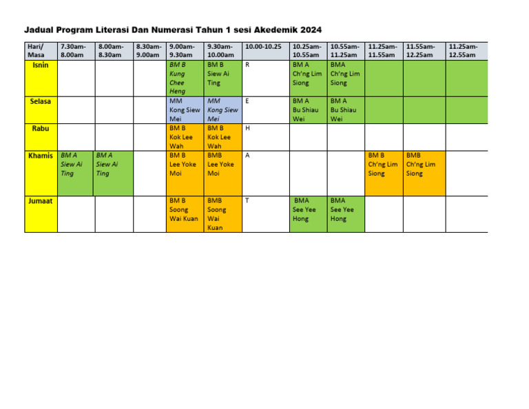 Jadual Program Literasi Dan Numerasi Tahun 1 Sesi Akedemik 2024 | PDF