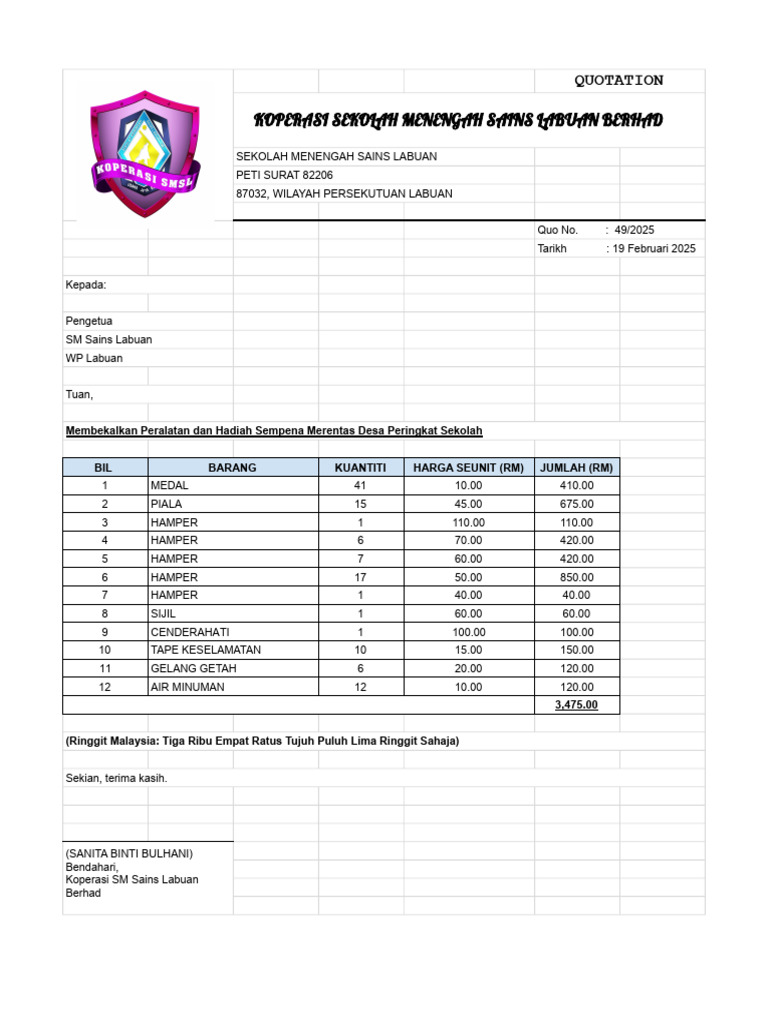 KOTASI KOPERASI SMSL 2025 - Copy of KOTASI | PDF