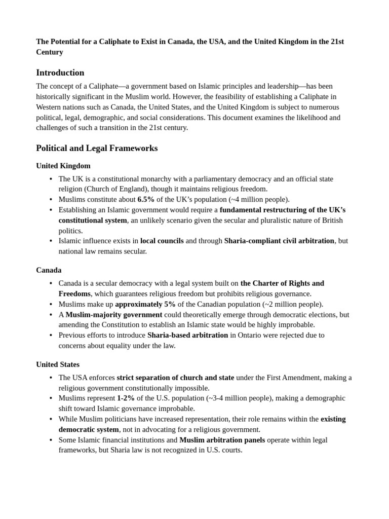The Potential For A Caliphate To Exist in Canada, The USA, and The ...
