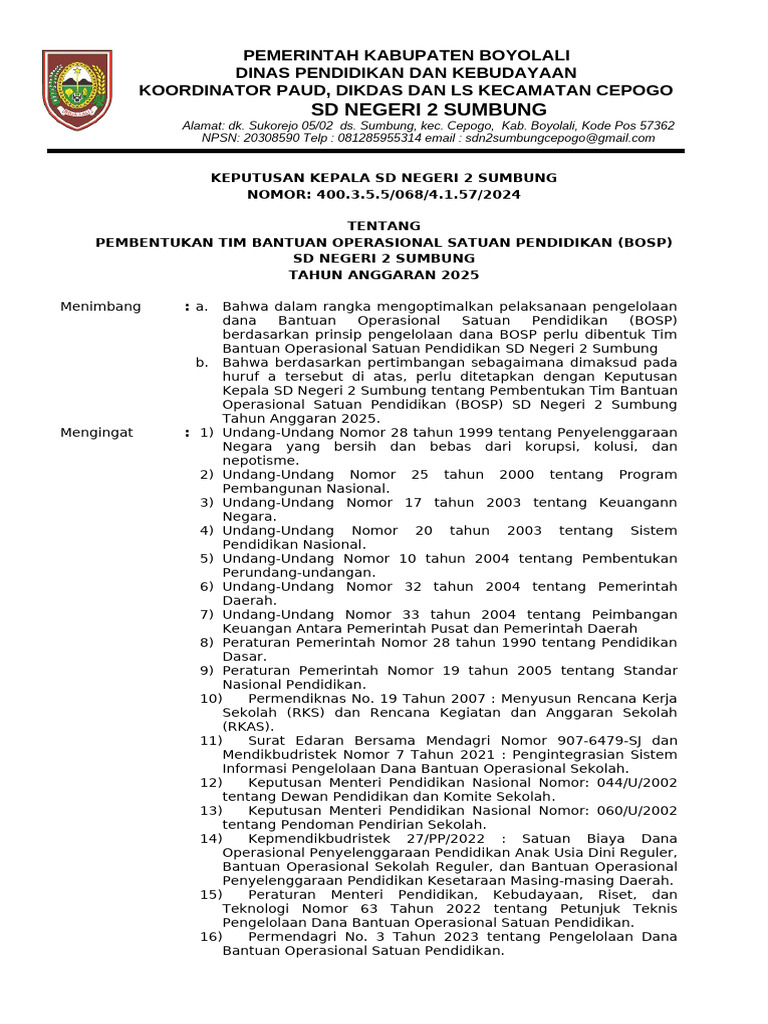 Pembentukan Tim BOSP 2025 SD Sumbung | PDF