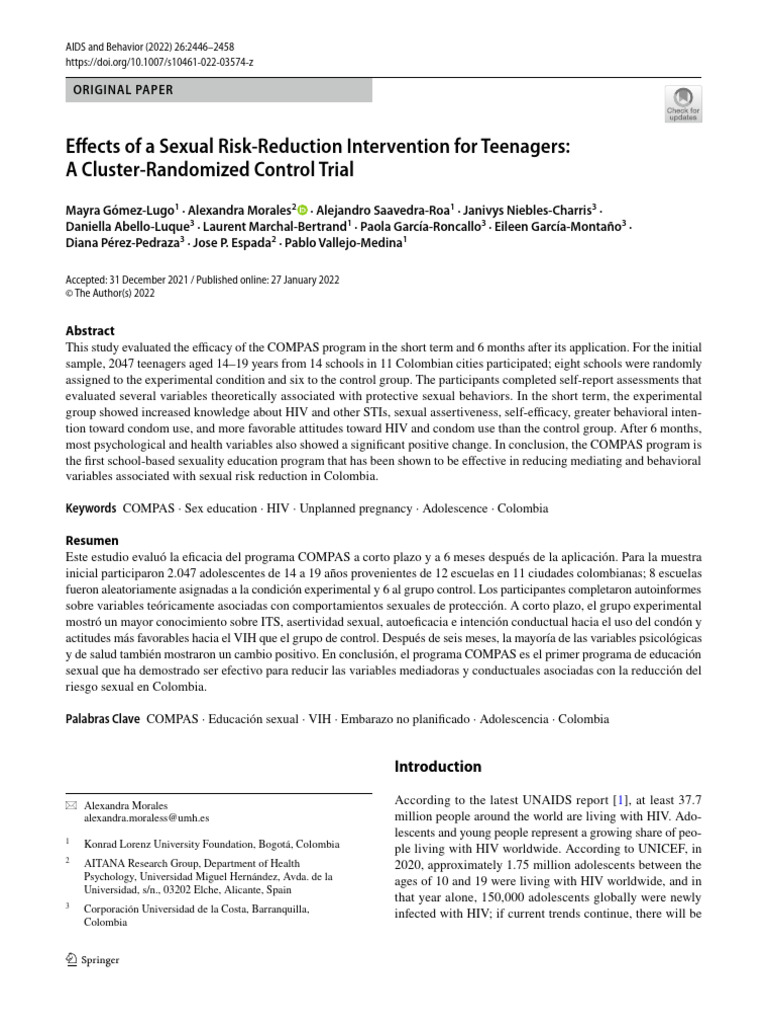 Effects of A Sexual Risk Reduction Intervention For Teenagers. A ...