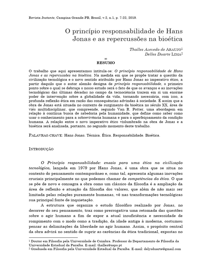 O Princípio Responsabilidade de Hans Jonas e As Repercussões Na ...