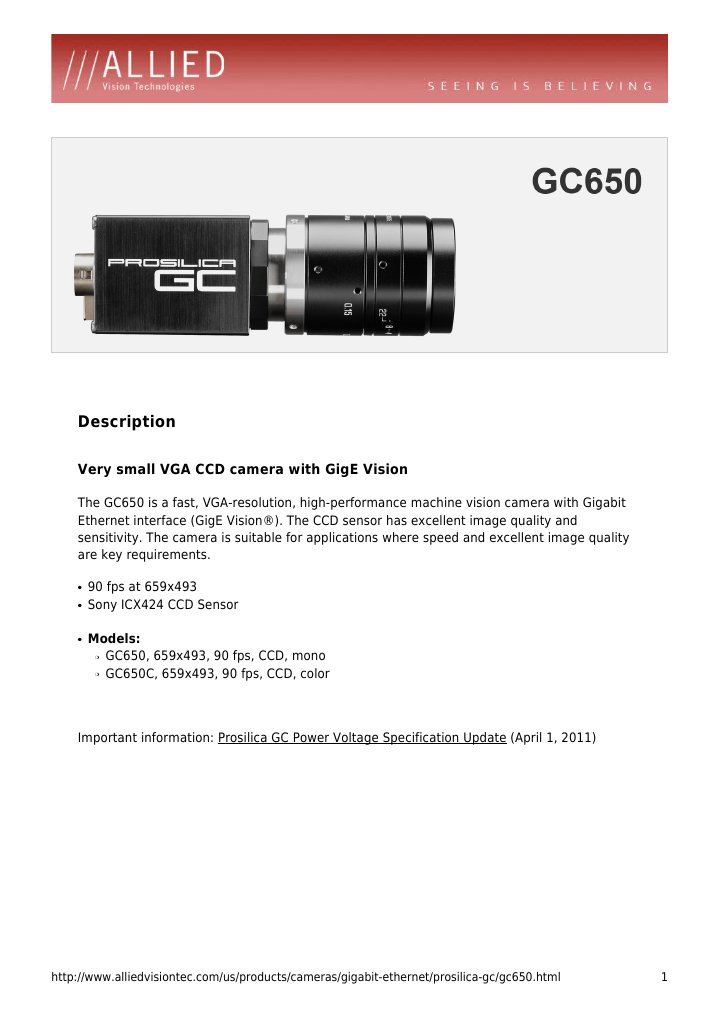 Prosilica GC DataSheet 650 v2.0 | PDF | Charge Coupled Device | Camera