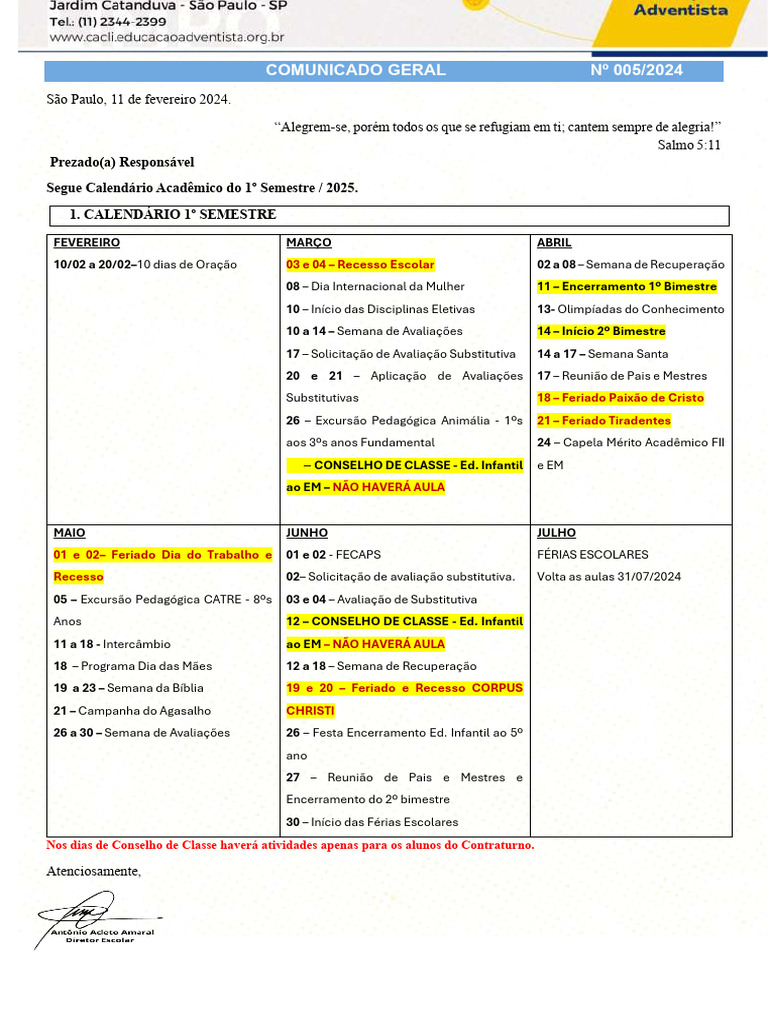 COMUNICADO 005- CALENDÁRIO 1 SEMESTRE 2025 | PDF