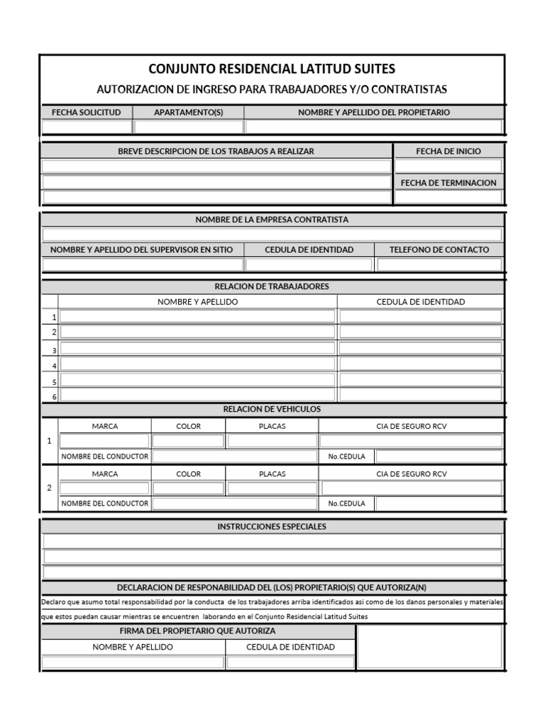 Formato Autorizacion de Ingreso Para Trabajadores Yo Contratistas (Rellenar) | PDF